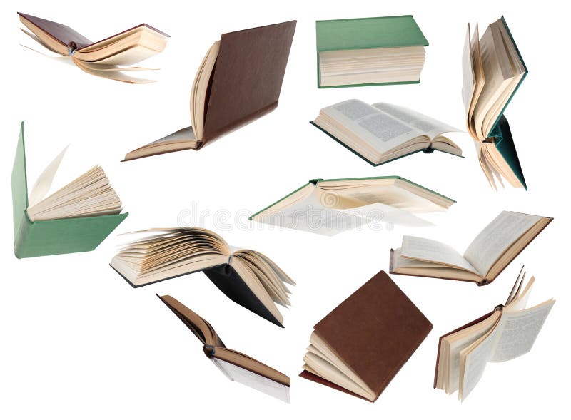 Many Hardcover Books Falling on White Background Stock Image - Image of ...