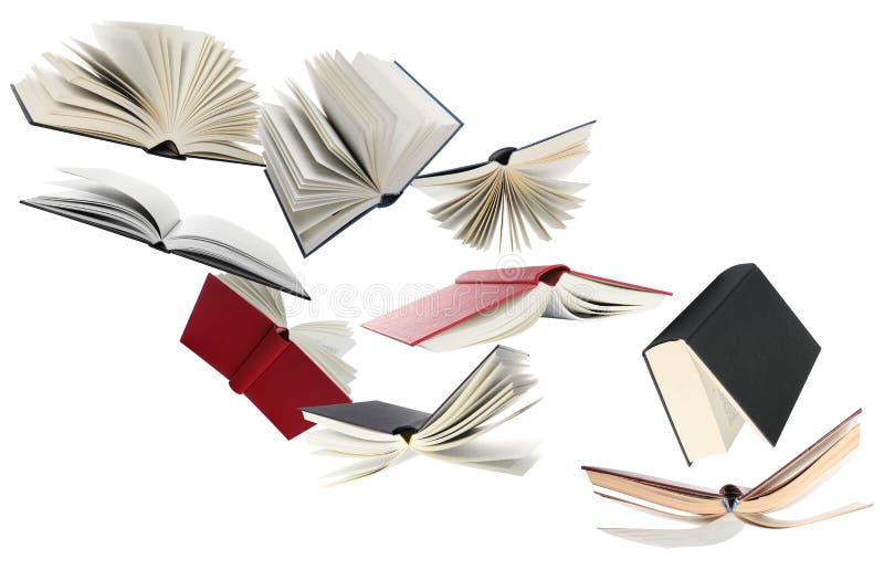 Many Hardcover Books Flying on White Background Stock Photo - Image of ...