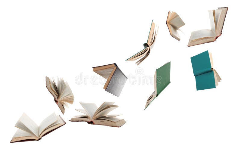 Many Hardcover Books Flying on White Background Stock Image - Image of ...