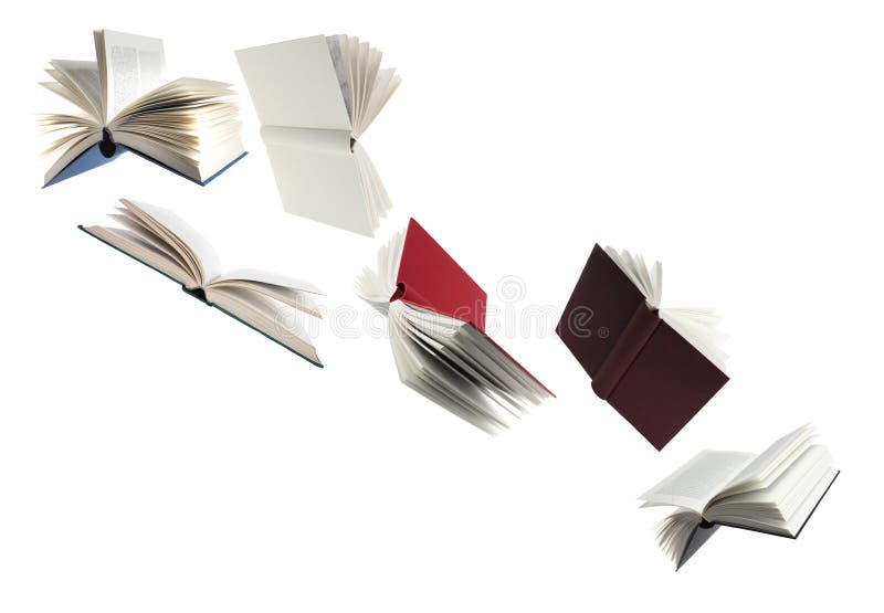 Many Hardcover Books Flying on White Background Stock Image - Image of ...