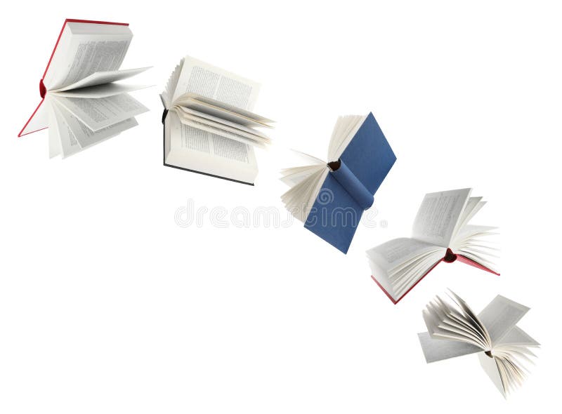 Many Hardcover Books Flying on White Background Stock Photo - Image of ...