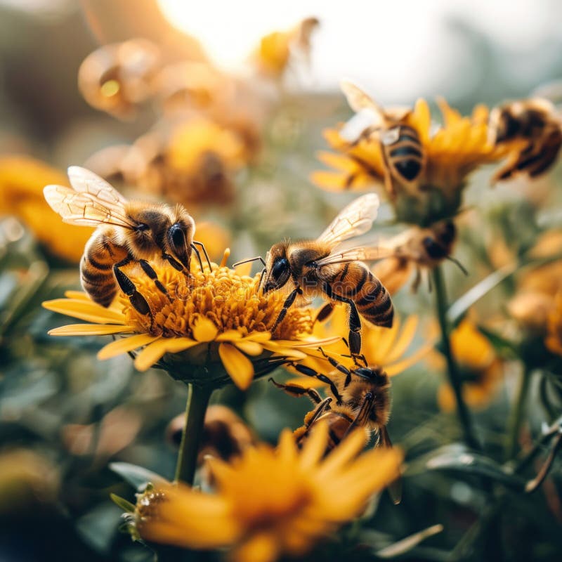 Many Honeybees are in between Yellow Flowers Stock Illustration ...