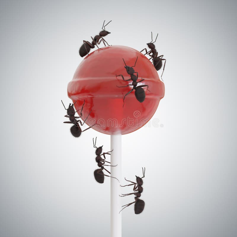 Many Hungry Ants Eating Lollipop. 3D Rendered Illustration. Stock ...
