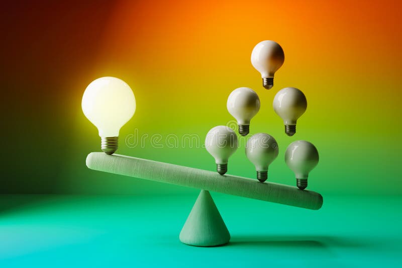 Many Ideas Versus One Big Idea with Light Bulbs - 3D Stock Illustration ...