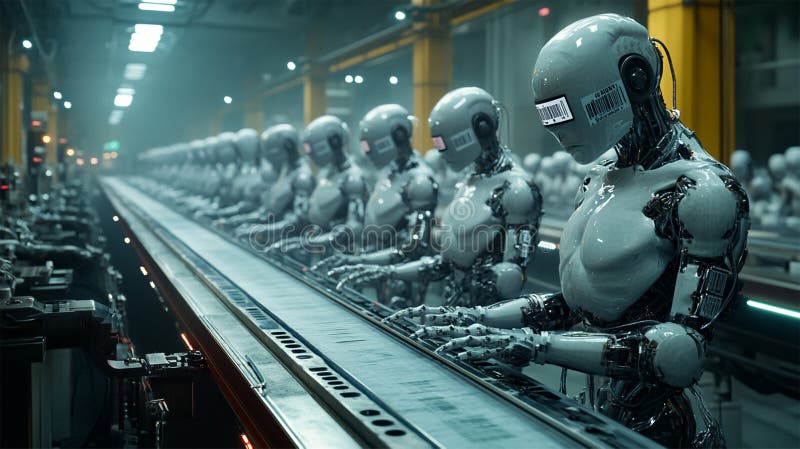 Many Identical AI Robots Sitting at Desk in the Office and Working with ...