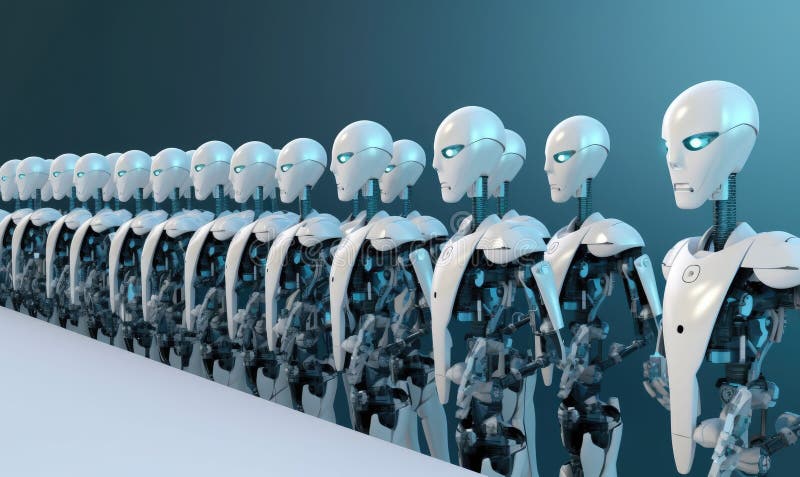 Many Identical AI Robots Working with Computers Stock Illustration ...