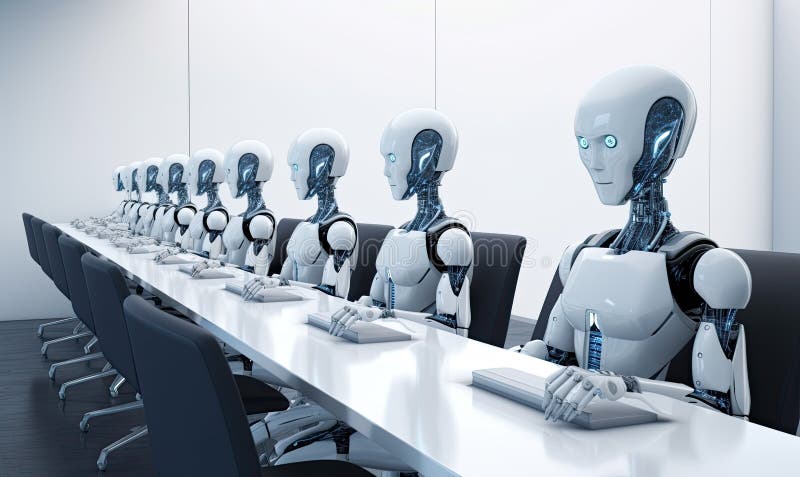 Many Identical AI Robots Working with Computers Stock Illustration ...