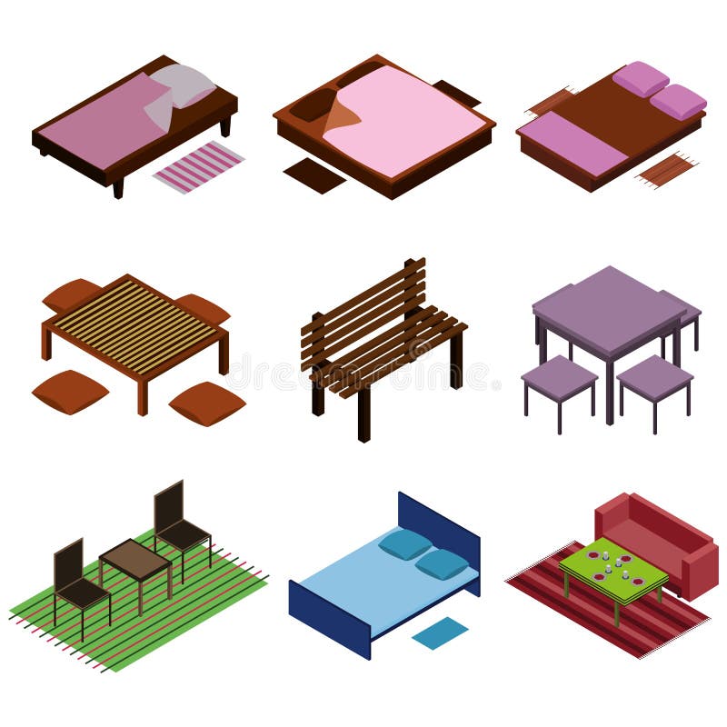 Many Isometric Objects, Household Items, Beds, Tables, Chairs and Sofas ...