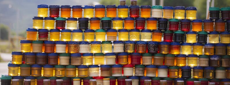 Many Jars with Different Varieties of Honey Stock Photo - Image of fair ...