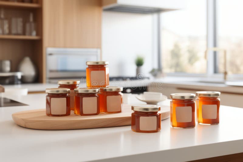 Many Jars of Honey with Empty Labels on a Table in Bright Kitchen ...