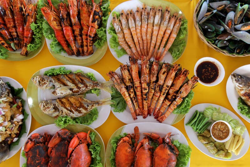 Many Kind of Sea Food on Dining Table Stock Image - Image of steamed ...