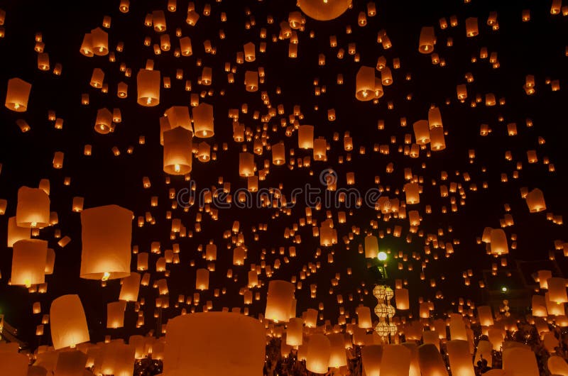 Many Lanterns Float in the Night Sky. Stock Photo - Image of chiang ...