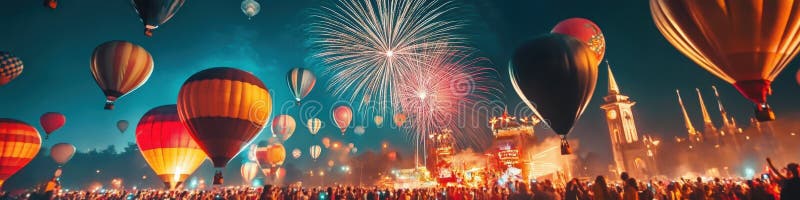 Many Large Balloons in the Sky Against the Backdrop of Fireworks, in ...