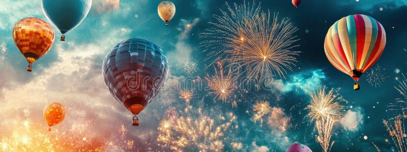 Many Large Balloons in the Sky Against the Backdrop of Fireworks, in ...