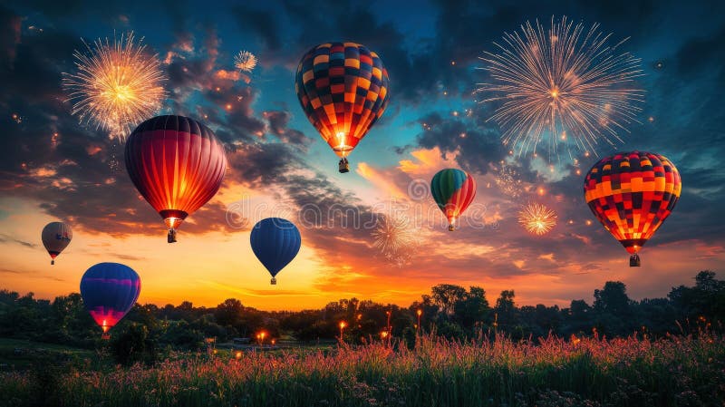 Many Large Balloons in the Sky Against the Backdrop of Fireworks, in ...
