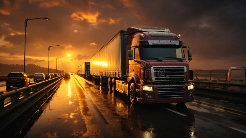 Many Large Trucks are Stuck in a Traffic Jam on a Highway, the Sun is ...