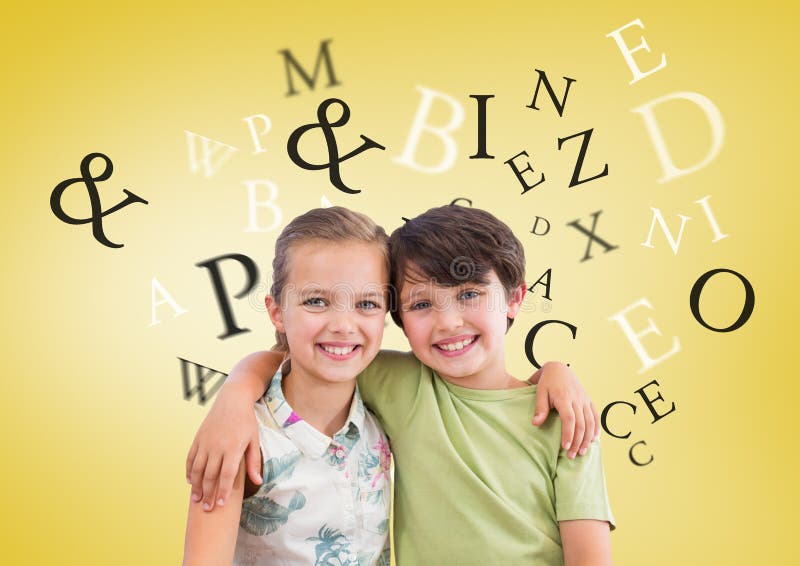 Many Letters Around Boy and Girl Hugging in Front of Yellow Background ...