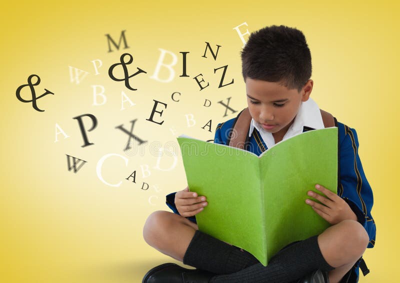 Many Letters Around Schoolboy Reading in Front of Yellow Background ...