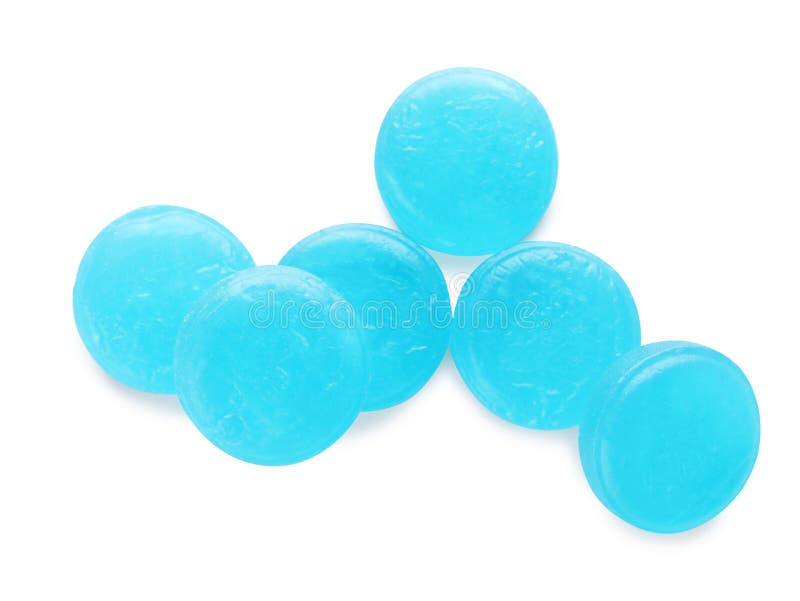 Many Light Blue Cough Drops on White Background, Top View Stock Photo ...