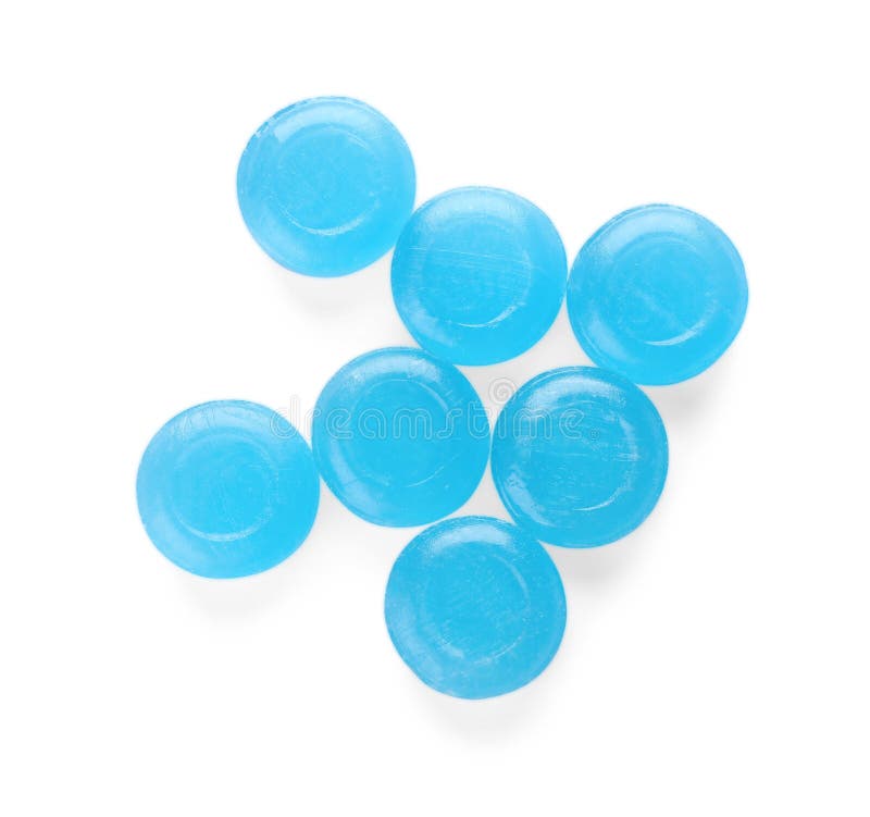 Many Light Blue Cough Drops on White Background, Top View Stock Image ...