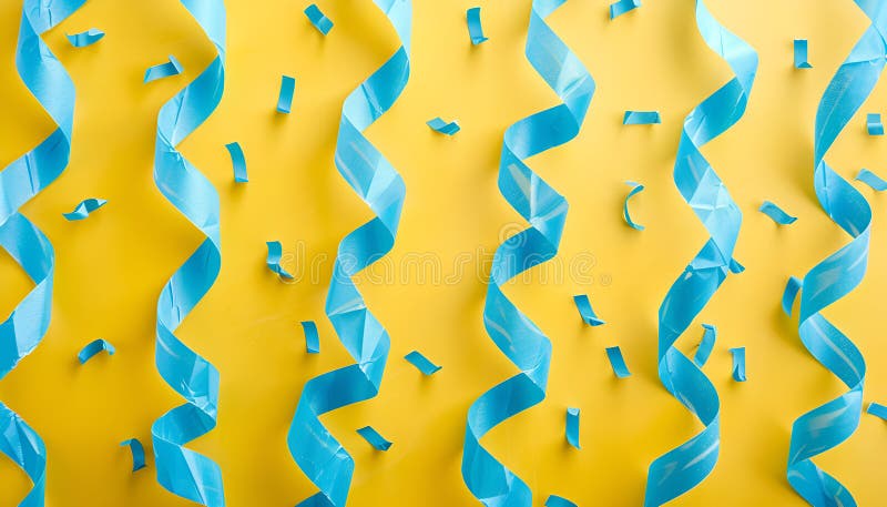 Many Light Blue Serpentine Streamers on Yellow Background. Party Decor ...