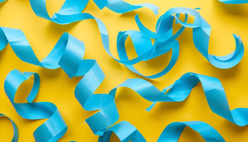 Many Light Blue Serpentine Streamers on Yellow Background. Party Decor ...