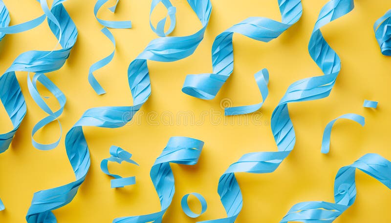 Many Light Blue Serpentine Streamers on Yellow Background. Party Decor ...