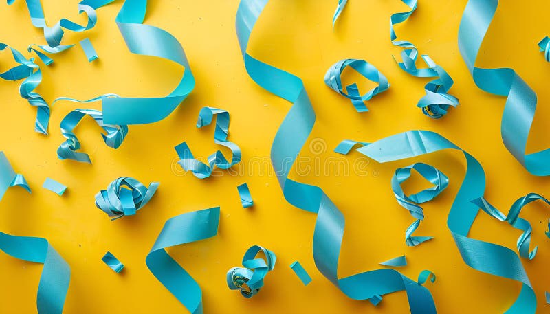 Many Light Blue Serpentine Streamers on Yellow Background. Party Decor ...