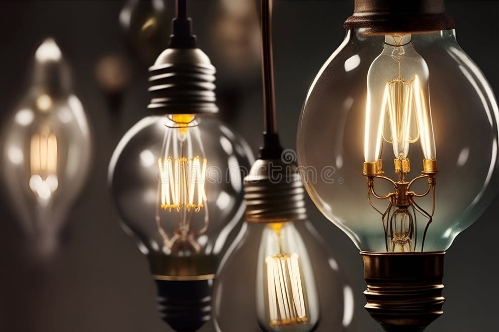 Many Light Bulbs Turning on. Shallow Depth of View. Generative AI Stock ...