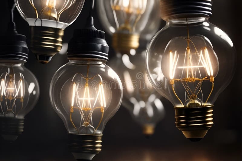 Many Light Bulbs Turning on. Shallow Depth of View. Generative AI Stock ...