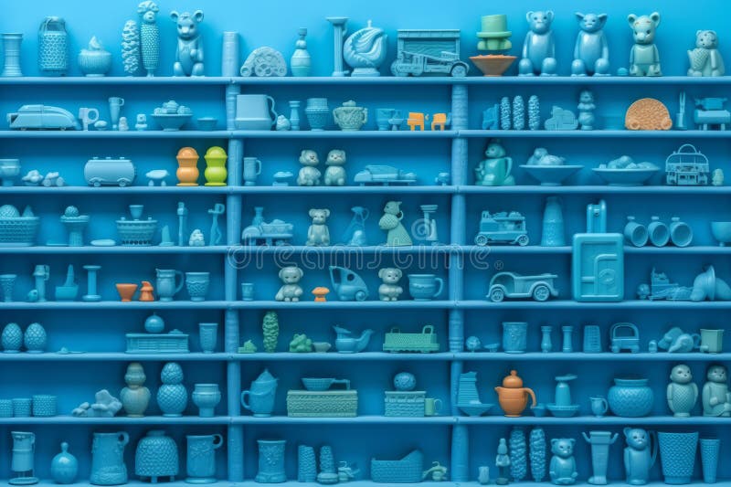 Many Little Blue Objects Arranged Neatly in Rows on Shelves, Collection of Weird Little Funny ...