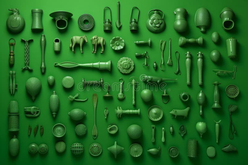 Many Little Green Objects Arranged Neatly in Rows, Collection of Weird ...