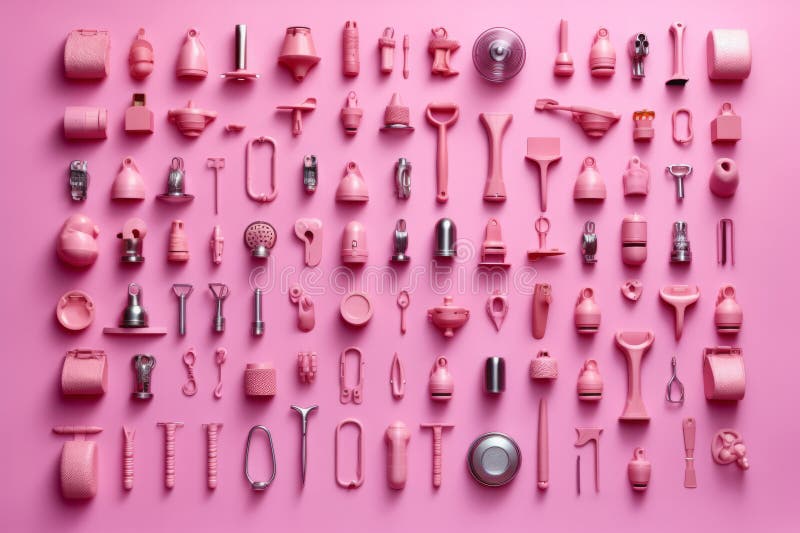Many Little Pink Objects Arranged Neatly in Rows, Collection of Weird Little Funny Objects ...