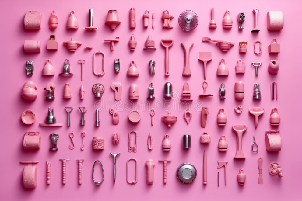 Many Little Pink Objects Arranged Neatly in Rows, Collection of Weird Little Funny Objects ...