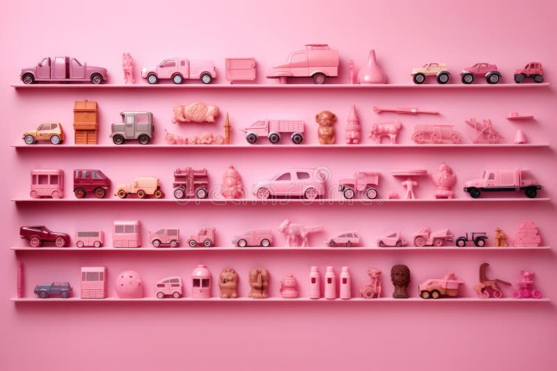 Many Little Pink Objects Arranged Neatly in Rows on Shelves, Collection of Weird Little Funny ...