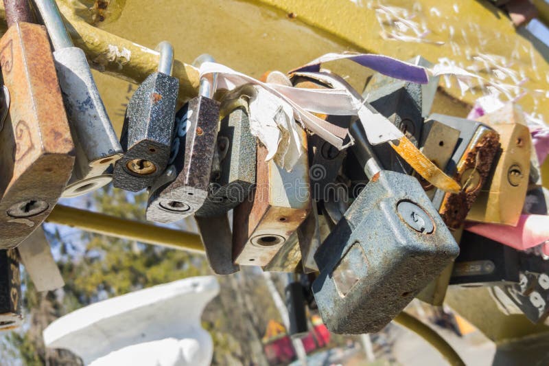 Many Locks Hang on the Railing Stock Image - Image of metal, metallic ...