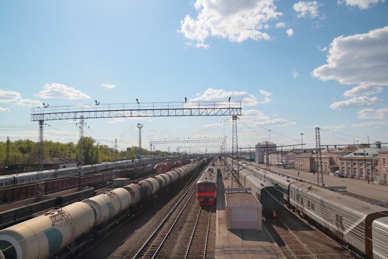Many Long Passenger and Freight Trains at Railway Stock Image - Image ...