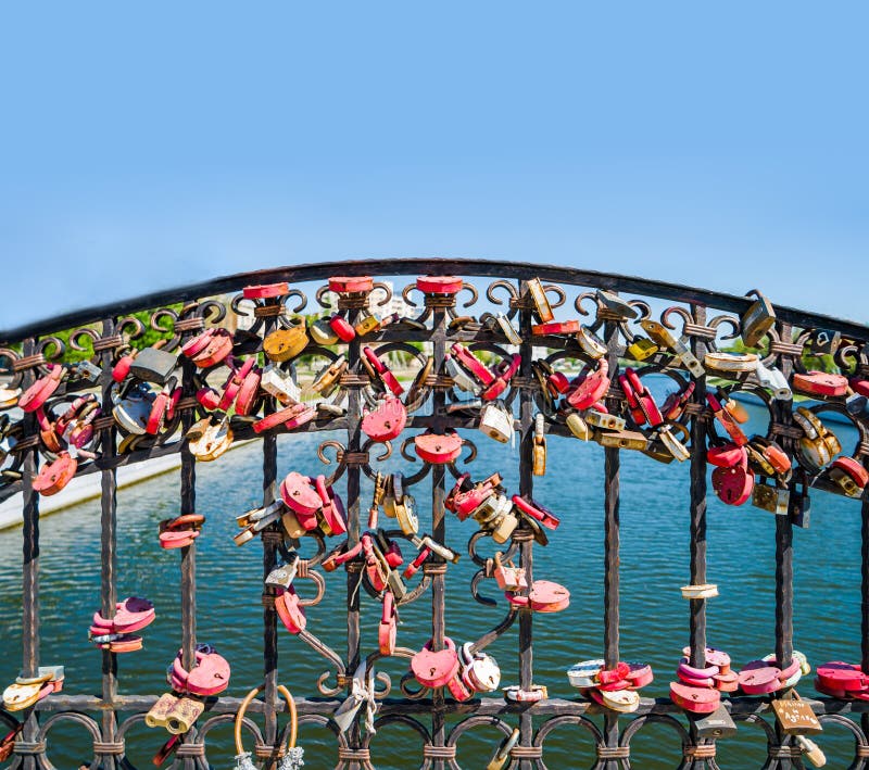 Many Love Locks Hanging on Some Bridge, Copyspace on Lear Sky. Long ...