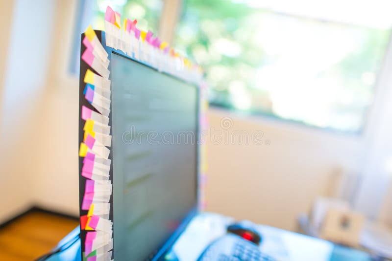 Many Memo Post-it Stuck To the Edge of the Work Computer Stock Image ...