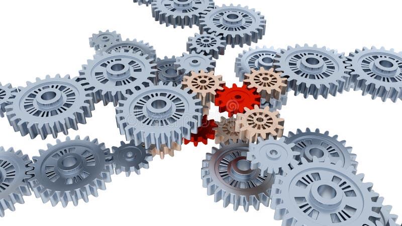 Many Metallic Gears with Some Red Orange Pieces Stock Illustration ...
