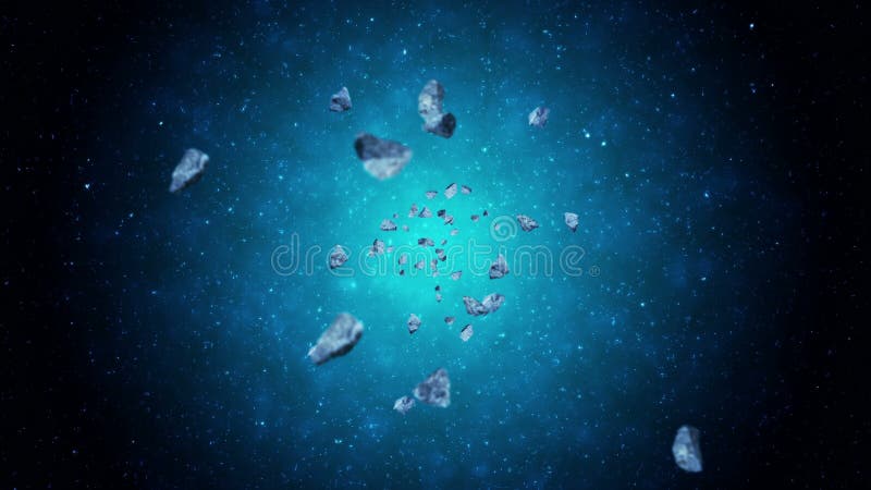 Flying Many Asteroids in Deep Space Background. Broken Splash Explosion ...