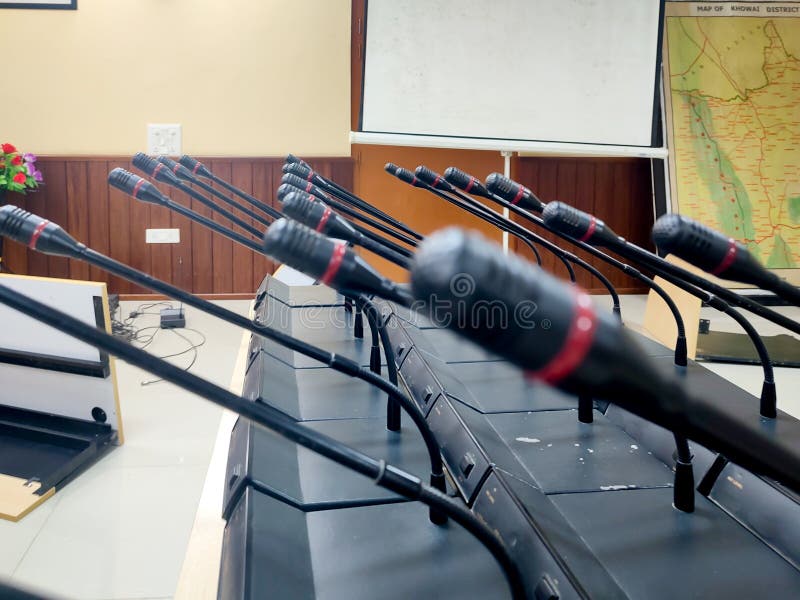 Many mics in a table stock photo. Image of communication - 254480648