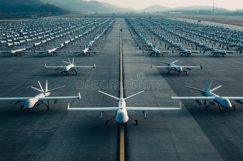 Many Military Drones Stands on the Runway of a Military Airfield. Stock ...
