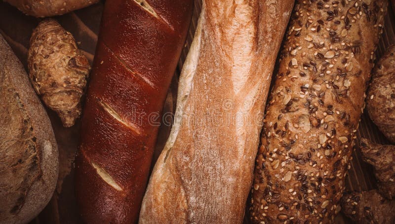 Many Mixed Baked Breads and Rolls on Rustic Wooden Table Stock Image ...