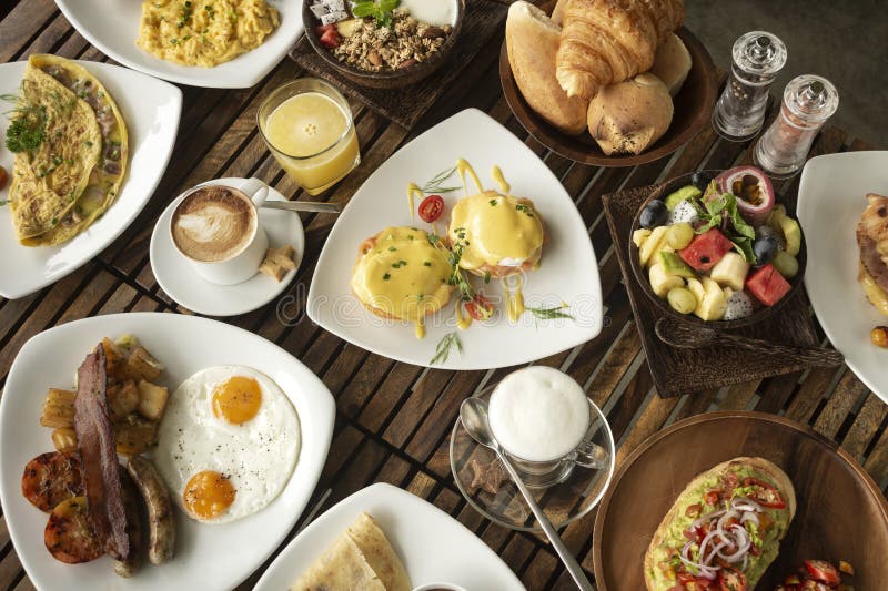 Many Mixed Western Breakfast Food Items on Cafe Table Stock Image ...