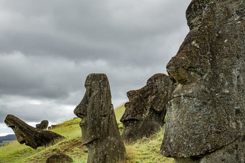 Many Moai Statues Laid Down on the Ground Stock Photo - Image of ...