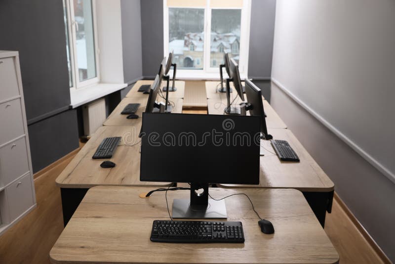 Many Modern Computers in Open Space Office Stock Image - Image of empty ...