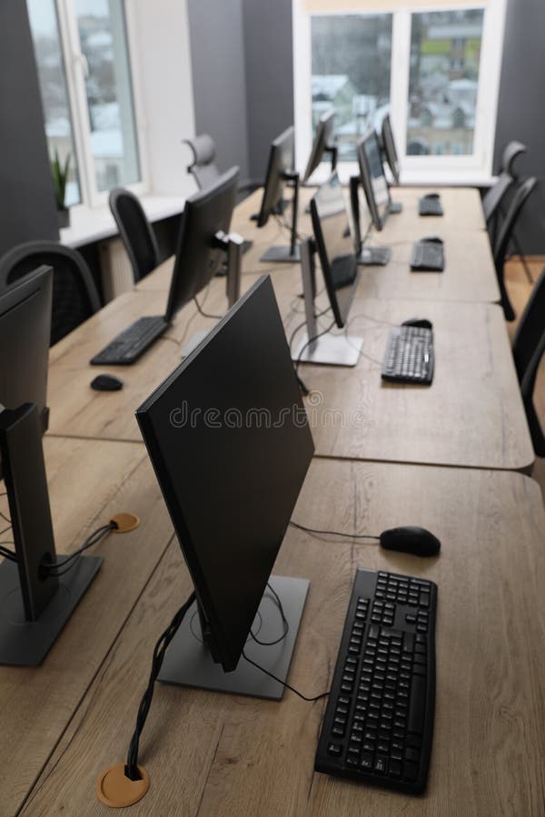 Many Modern Computers in Open Space Office, Above View Stock Image ...