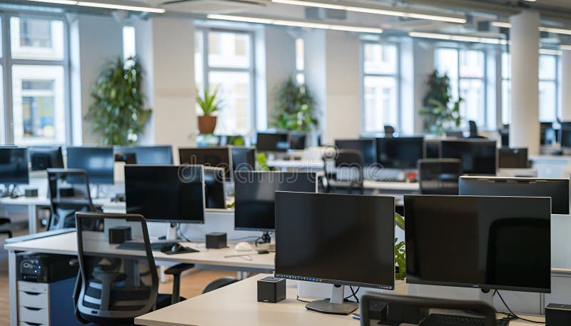 Many Modern Computers in Open Space Office Stock Photo - Image of table ...