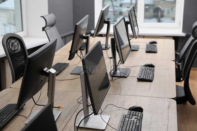 Many Modern Computers in Open Space Office Stock Image - Image of class ...